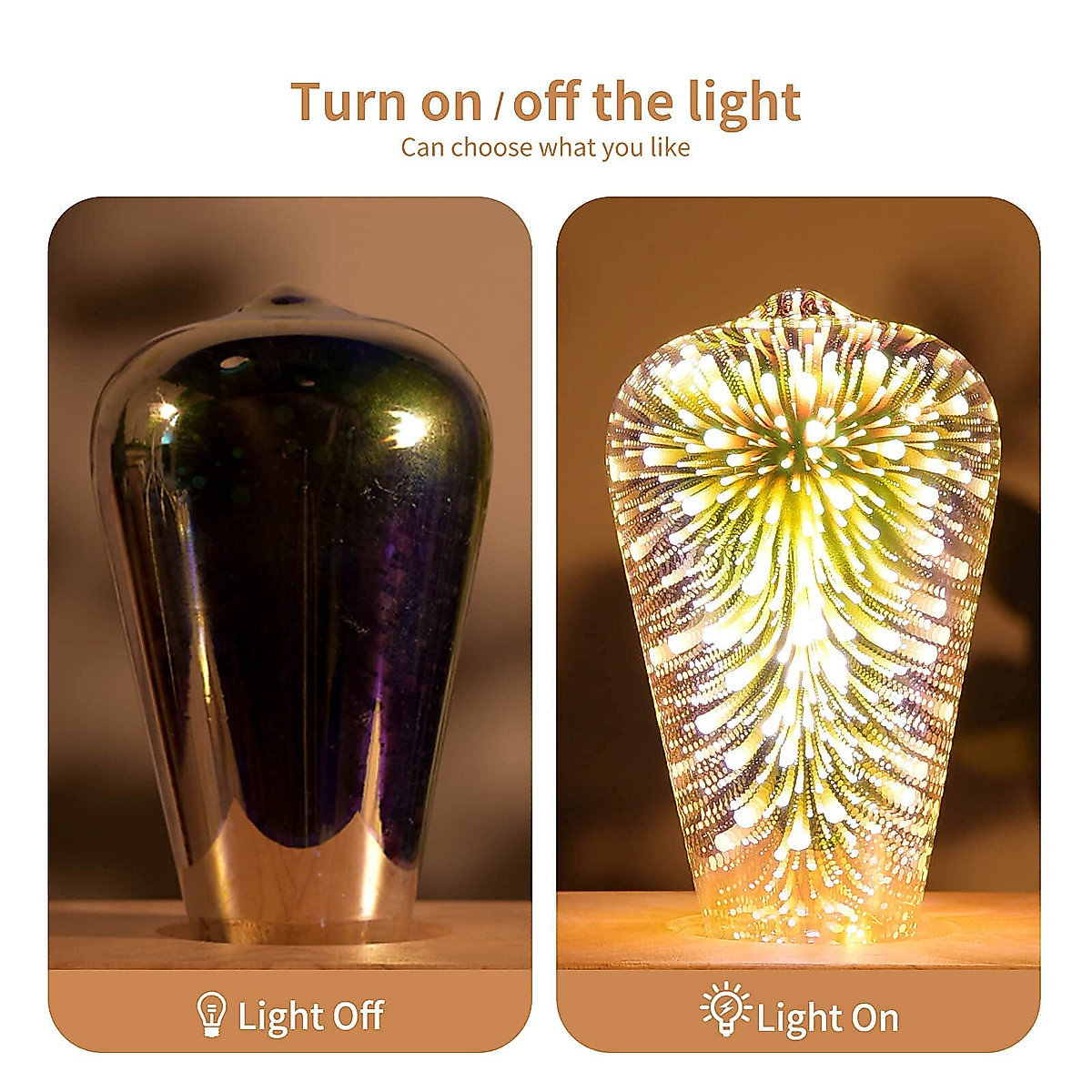 Porseme 3D Fireworks Decorative Light Bulb, E26 Base, 4W, AC100-240V, Glass Bulbs with Soft Warm Light, Shiny Decor for Home, Bedroom, Party (Included 3-Pack ST19 Bulbs)