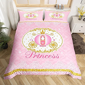 Princess Style Duvet Cover,Children Pink Luxury Bedding Set,Carriage Comforter Cover for Girls Kids Room Decor,Women Cute Cartoon Lightweight Bedspread Cover Queen Size with 2 Pillow Cases