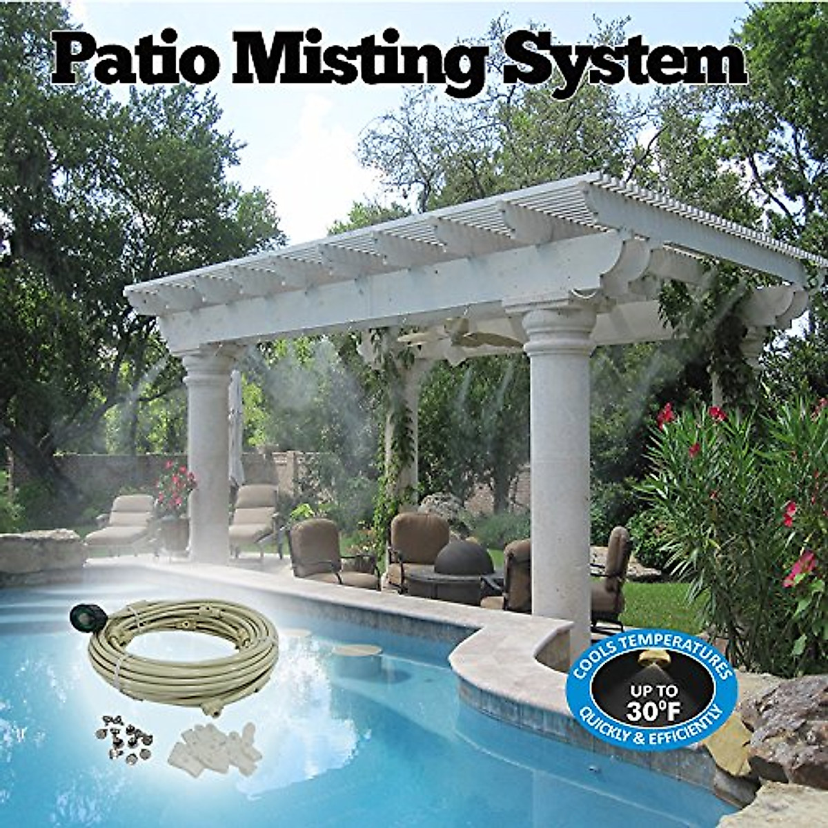 Patio Misting Kit - Made in USA -Pre- Assembled Misting System - Cools temperatures by up to 30 Degrees - Brass/Stainless Steel Misting Nozzles - for Patio, Pool and Play Areas (24 ft - 4 Nozzles)