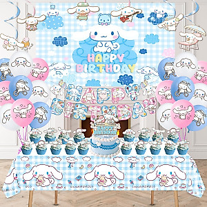 Cinnamoroll Birthday Decorations, Party Supplies Set Include Banner, Backdrop, Balloons, Hanging Swirls, Cake Cupcake Toppers, Tablecloth for Kids Cinnamoroll Theme Party