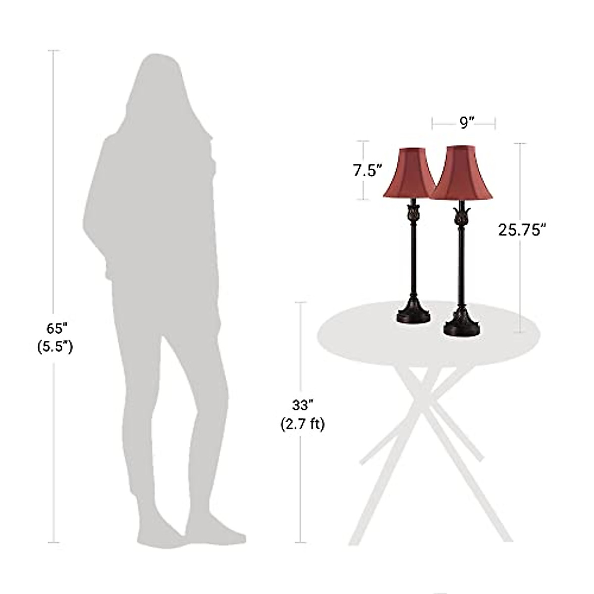 Catalina Lighting 25.75" Brenda Bronze Set of 2 Buffet Table Lamps with Burgundy Fabric Bell Shades, Bronze