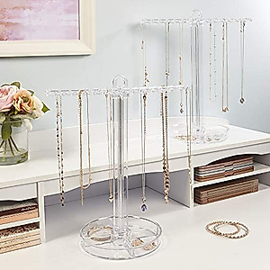 STORi Clear Plastic Hanging Jewelry Organizer | Holds 30 Individual Necklaces on the Pegs & Sorts Small Jewelry in the Bottom Divided Holder | Made in USA