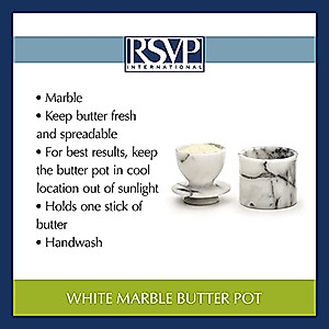RSVP International White Marble French Butter Pot, Holds One Stick or 1/2 Cup | Made From Natural White Marble | Keep Butter Fresh & Spreadable at Room Temperature in Crock Dish