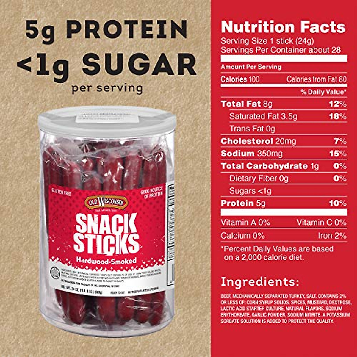 OLD WISCONSIN Beef Snack Sticks, High Protein, Gluten Free, 24 Ounce Resealable Jar