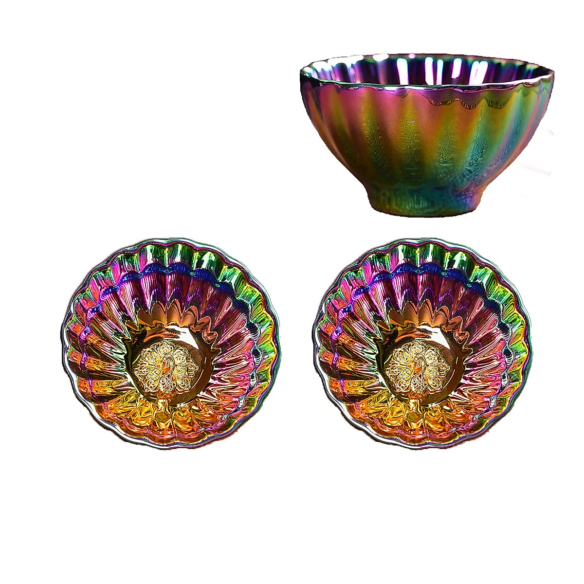 LingXuanGe Gold Lotus peacock tea cups set of 2, Beautiful Colorful Glaze Ceramic Tenmoku Tea Cup Chinese Kungfu Tea Cup (Color : Peacock)