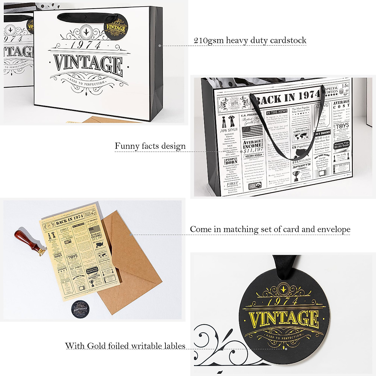 Crisky 50th Birthday Gift Wrap Bag Vintage 1974 with 50th Birthday Card Matching Envelope Sticker and Tissue Paper for Women/Men/Wife/Husband/Mom/Dad, 13" x 10" x 5"