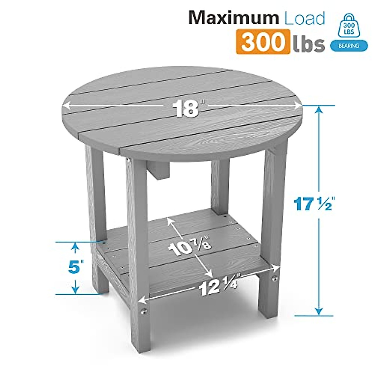 SAKSUN Round Outdoor Side Table, 18 Inch End Table 2-Tier Plastic Adirondack Tables with Storage Shelf, Weather Resistant for Patio,Garden, Porch (Grey)