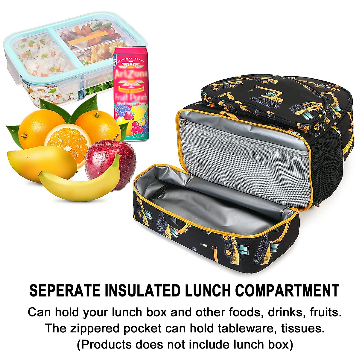 LEDAOU Kids School Backpack with Lunch Cooler Compartment 2 in 1 Boys Girls Bookbag and Insulated Lunch Bag for Preschool Kindergarten Elementary (Construction Vehicle)