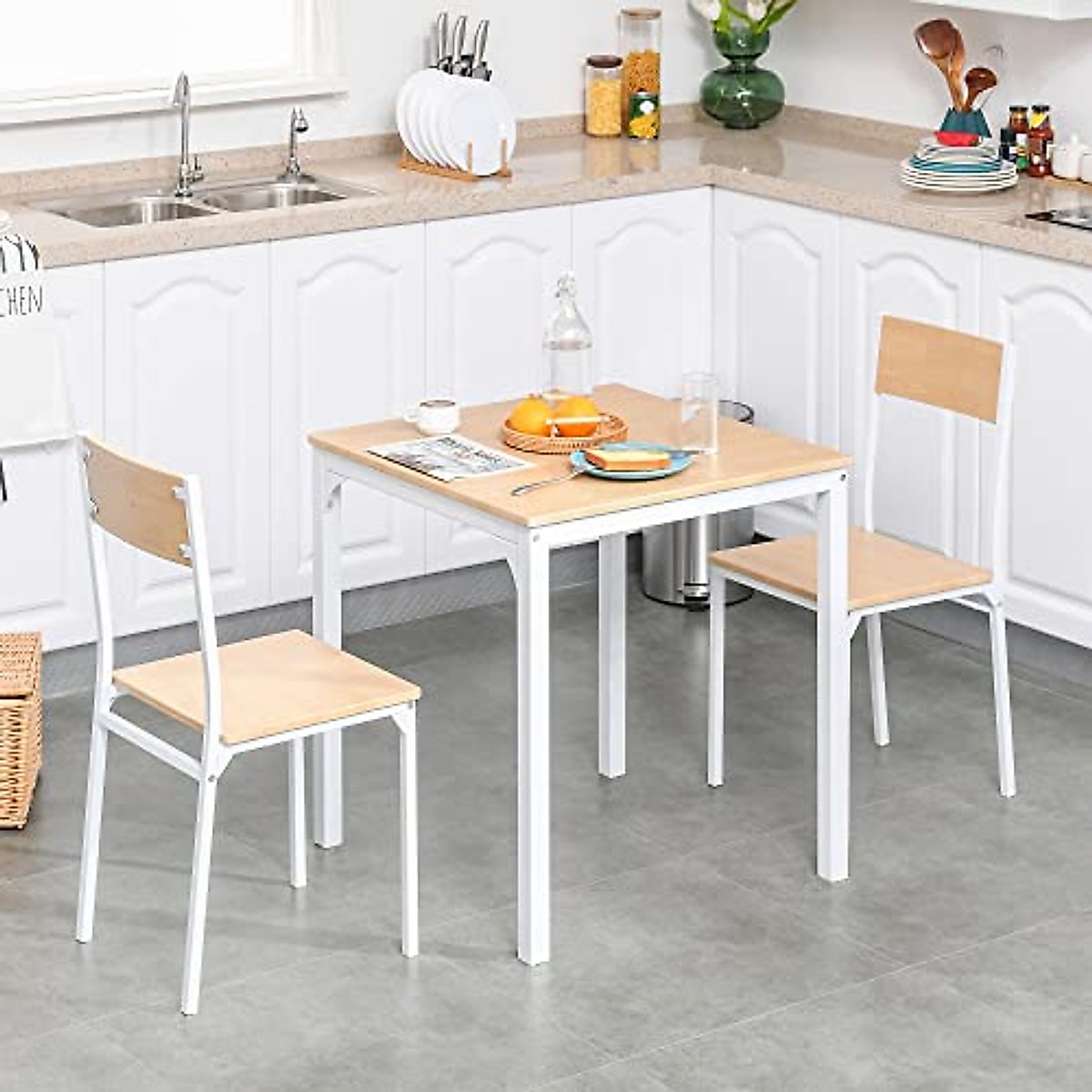 HOMCOM 3-Piece Wooden Square Dining Table Set with 1 Table and 2 Chairs and Sturdy Metal Frame for Small Space, White
