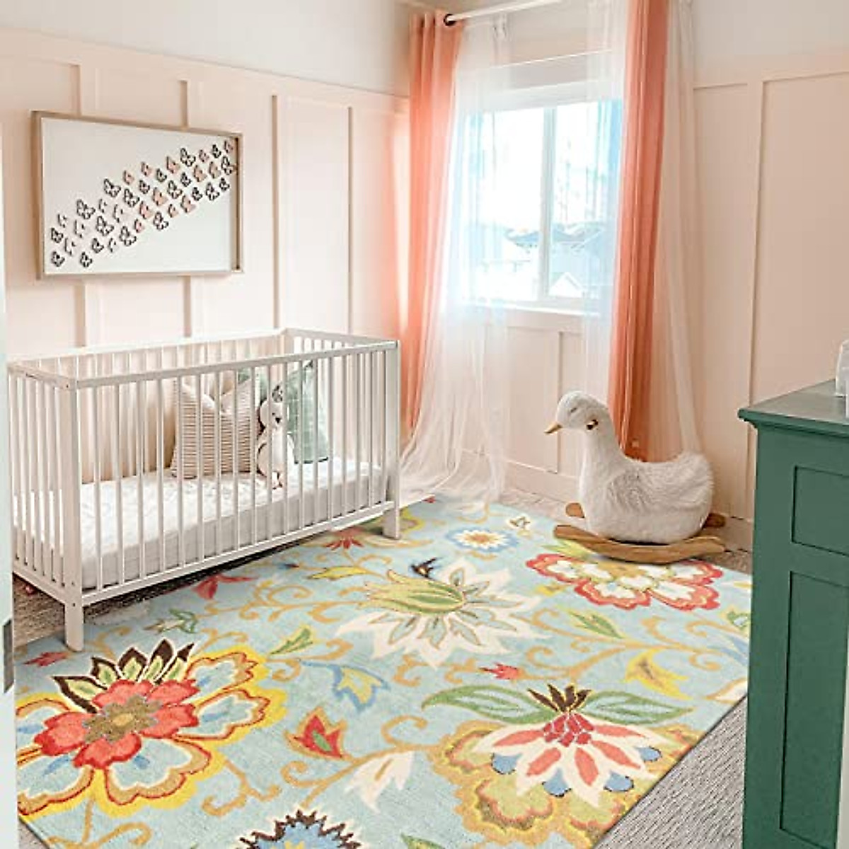Lahome Machine Washable Floral Living Room Rug - 5x7 Area Rugs for Bedroom Non-Slip Large Low-Plie Kitchen Rug Soft Throw Nursery Kids Room Rug Distressed Indoor Carpet for Dining Room Entryway Office
