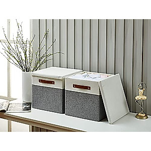 DECOMOMO Cube Storage Bins | Fabric Storage Cubes with Lid Closet Organizer Cubby Bins for Shelves Cloth Nursery Decorative Basket with Handles (Grey and White, 13 x 13 x 13 inch)
