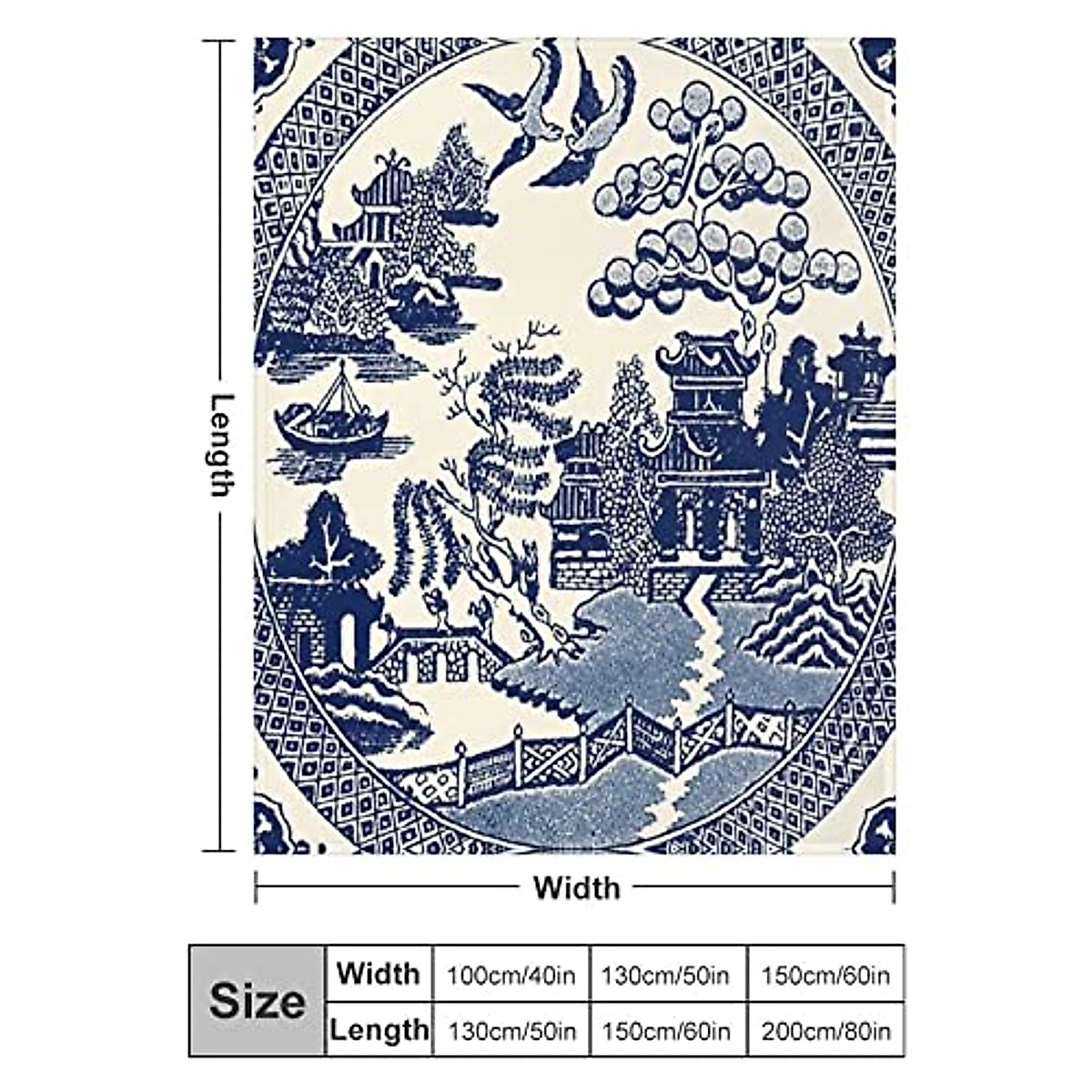 Ancient China Blue Willow Chinoiserie Flannel Fleece Throw Blankets 50"X40" Lightweight Fluffy Winter Fall Blanket Cozy Soft Fuzzy Plush Home Decor for Couch Bed Sofa Bedroom Living Room Travel