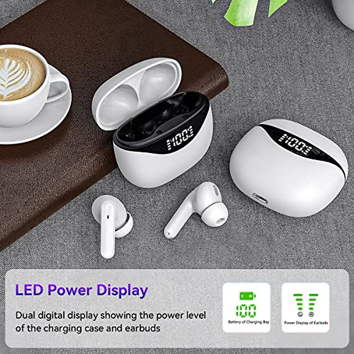AITYYOX Wireless Earbuds 5.1 Bluetooth Earphones in Ear IPX5 Waterproof with Touch Control, 30 Hrs Playback with Charging Case, Power Display,Ear Buds with Mic for Sports, Android,iPhone, PC (White)