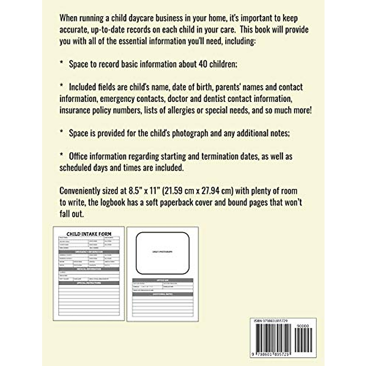Home Daycare Provider Child Intake Forms: 8.5" x 11" Professional Child Care Profile Organizational Information Sheets for Childcare for 40 Client Children (81 Pages)