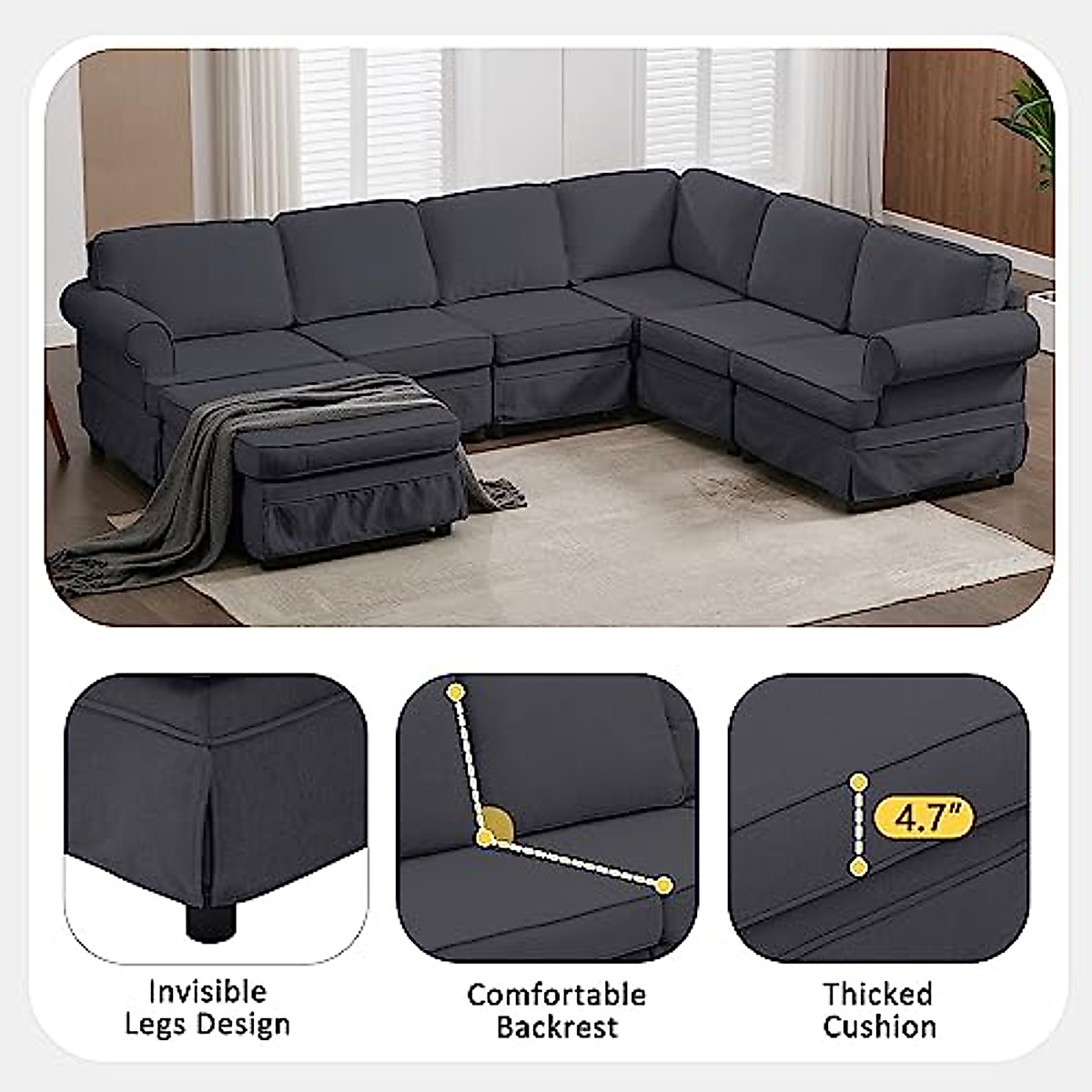 EMKK Sectional Couch L Shaped Sofa 6 Seat Sofa with Chaise，Removable Ottoman,Upholstered Modular Convertible Reversible Sofá,Living Room Furniture Sets for Large Space,Apartments
