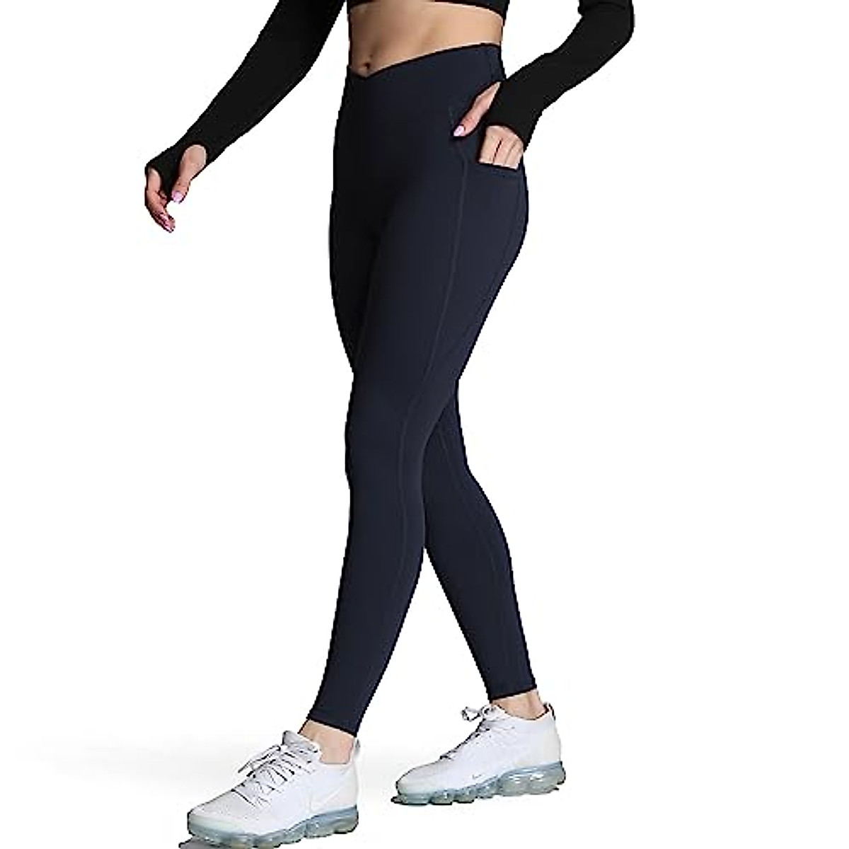 Aoxjox Trinity High Waisted Yoga Pants with Pockets for Women Tummy Control Cross-Waist Buttery Soft Crossover Workout Leggings (Black V-Waist, Medium)