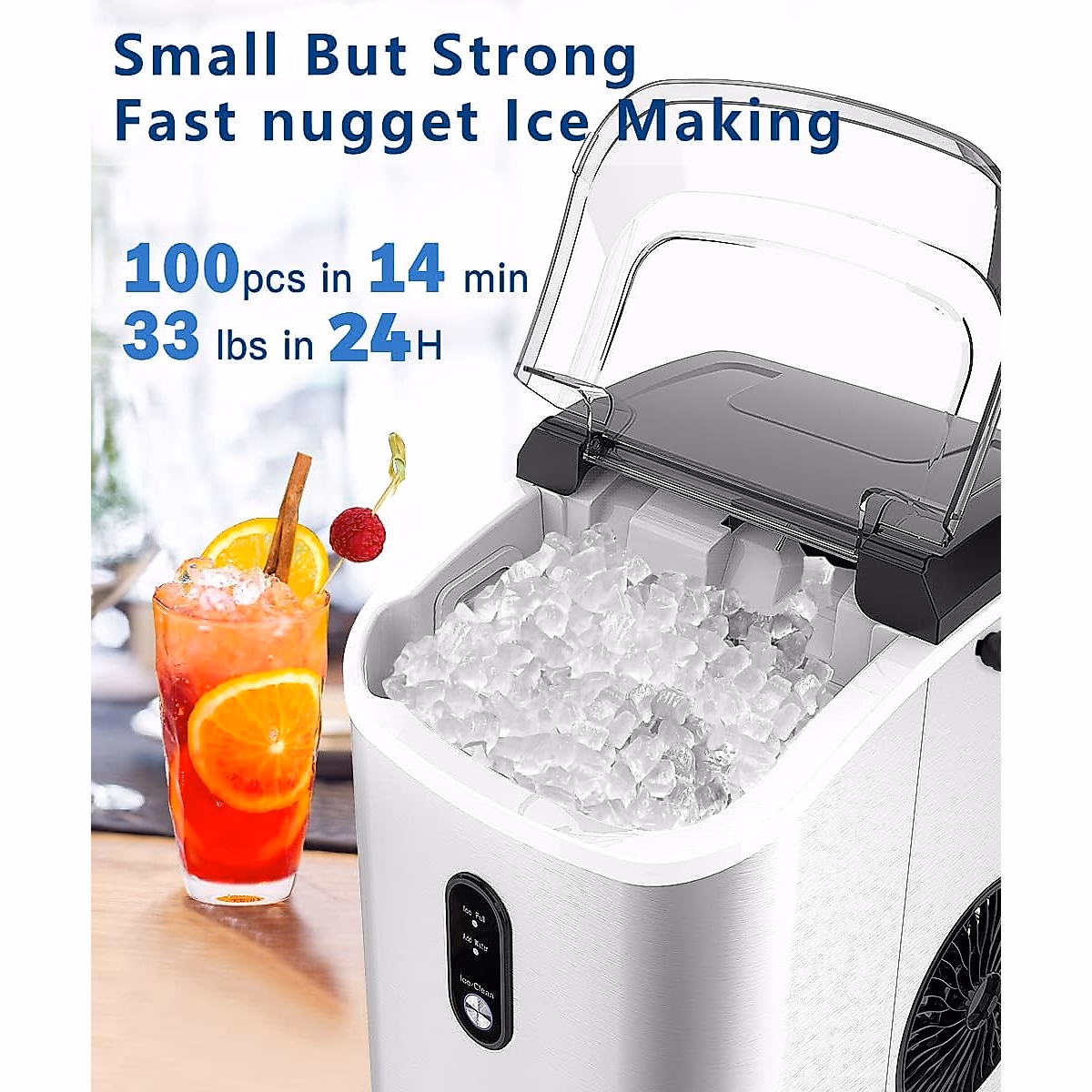 Kndko Nugget Ice Maker Countertop,33lbs/Day, Pellet ice Maker,a Basket in 1.5 Hour, Self-Cleaning, One-Click Design, Compact Crushed Ice Maker with Chewy Ice for Home Bar Party，Silver
