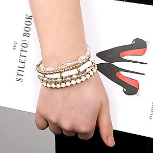 MAKERSLAND White Bracelets Cute Clay Beaded Crystal White Cute Bracelet Set for Women, 5Pcs Strand Stretch Preppy Heishi Bracelet Beach Bohemian Layering Bracelet Jewelry for Teens