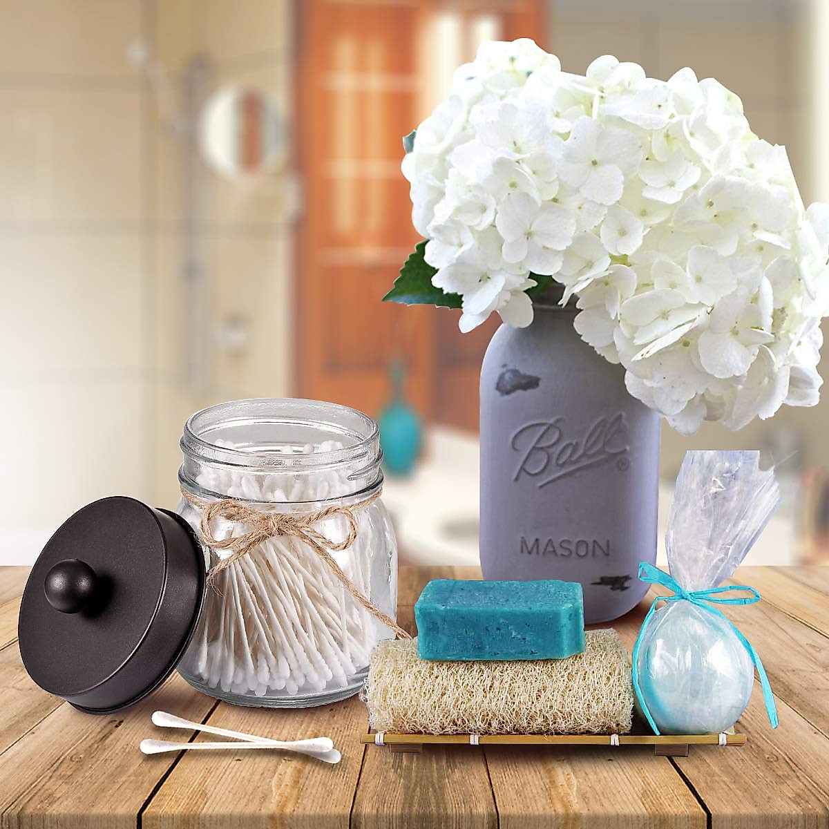 SheeChung Small Mason Jars for Qtips, Bathroom Apothecary Jars with Lids, Bathroom Organizers and Storage, Qtip Holders Set, Bathroom Decor for Q-tips, Cottons, Floss, Balls, Cotton Swabs-Bronze