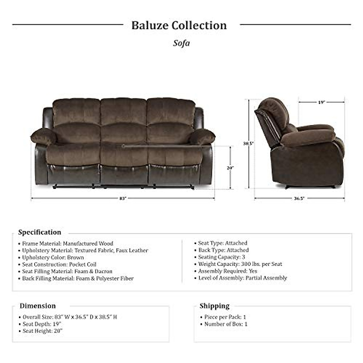 Lexicon Baluze Double Reclining Sofa, Two-Tone Brown