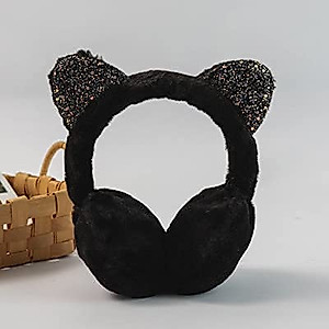 RONGXG Cute Sequin Cat Ear Earmuff Girls Plush Warm Ear Muff Soft Furry Outdoor Winter Ear Warmer Anti-Cold Ear Protector Earflap, Black, One Size