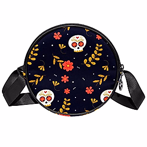Flowered Skulls Crossbody Bag for Women Teen Girls Round Canvas Shoulder Bag Purse Tote Handbag Bag