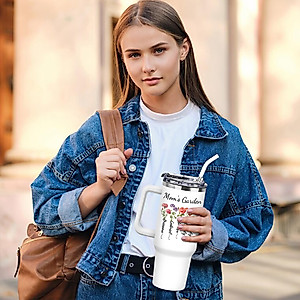 BMYDIY Mothers Day Birthday Gift for Mom Grandma, Personalized 40 Oz Tumbler with Handle and Straw, Customizable Extra Large Stainless Steel Insulated Cup Coffee Mug Travel Mug with Name Birth Flower