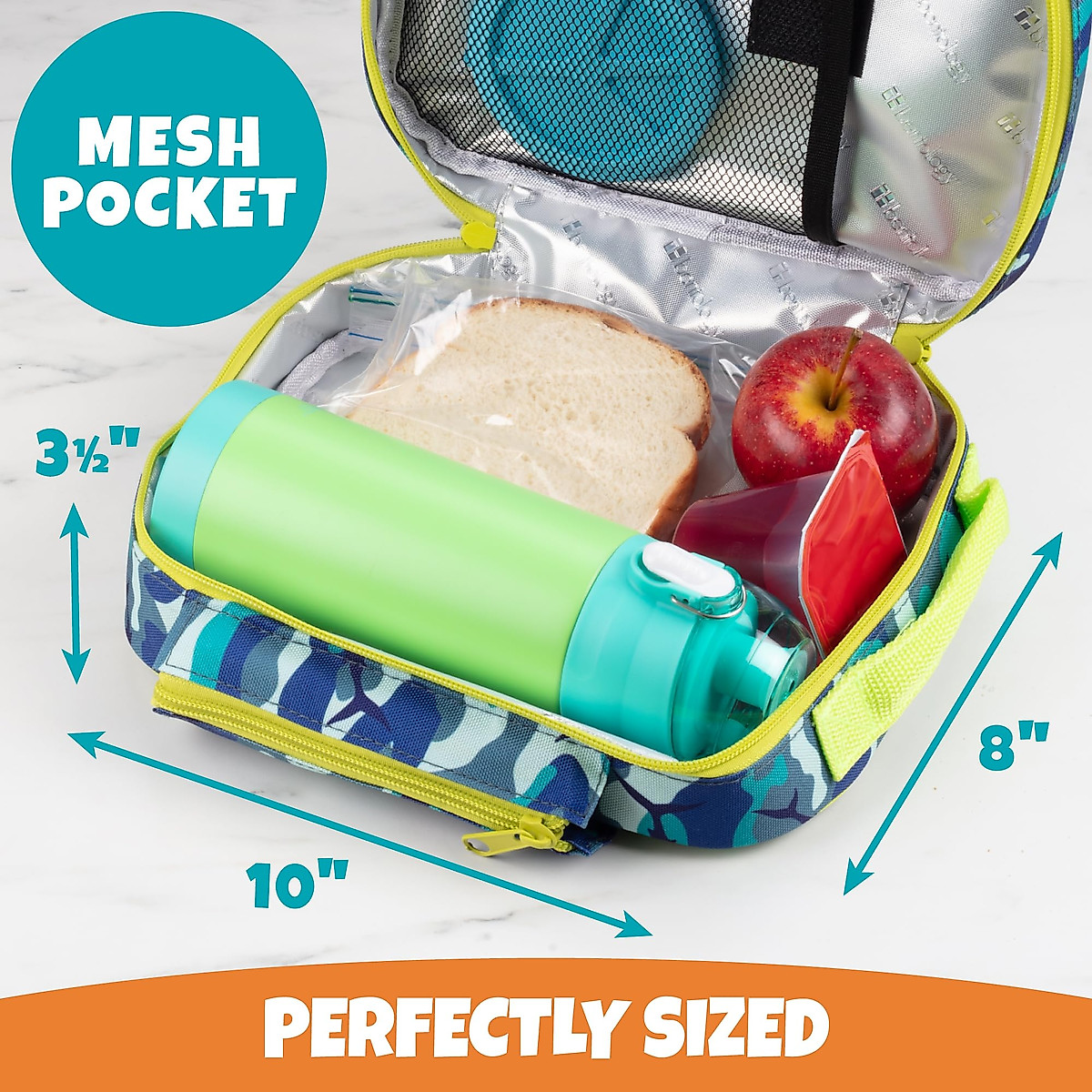 Insulated Lunch Box w Snack Pocket & Water Bottle Holder-Boys or Kids Blue Camo School Lunchbox Tote Keeps Food Hotter or Colder Longer- Reusable Bag Fits Most Bento Boxes, Ice Packs-Back to School