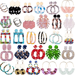 Duufin 28 Pairs Acrylic Earrings Resin Drop Dangle Statement Earrings Set Mottled Acrylic Hoop Earrings Polygonal Fashion Earrings for Women