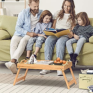 Bamboo Bed Tray Table, Breakfast Tray w/Removable Bamboo Mat & Folding Legs & Handles, Bed Trays for Eating & Reading…