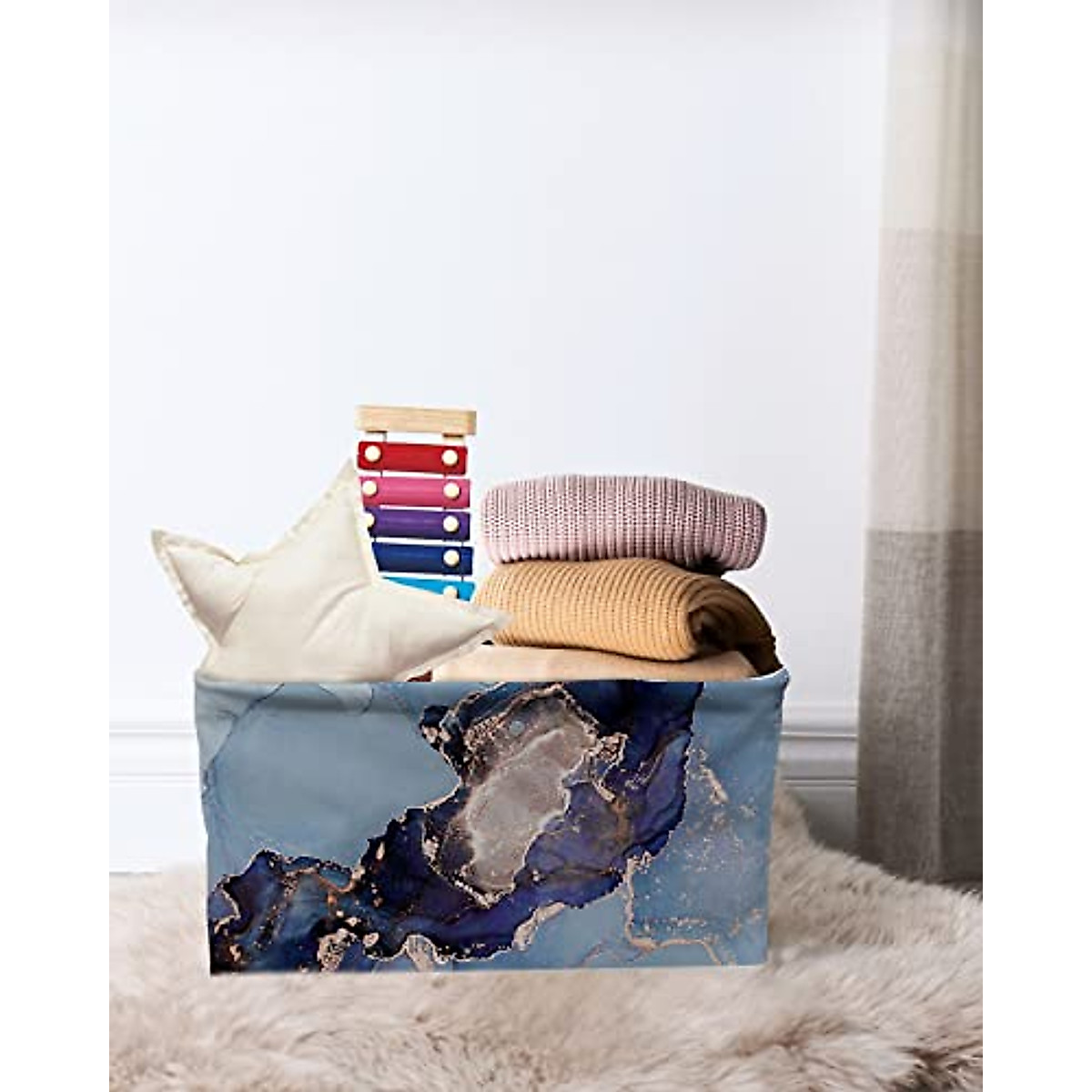Blue Purple Aqua Marble Texture Storage Bins 2 Pack, Large Waterproof Storage Baskets for Shelves Closet, Chinese Abstract Art Ombre Storage Basket Foldable Storage Box Cube Organizer with Handles