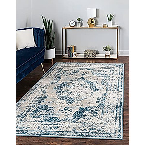 Rugs.com Monte Carlo Collection Rug – 5' x 8' Blue Medium Rug Perfect for Living Rooms, Large Dining Rooms, Open Floorplans