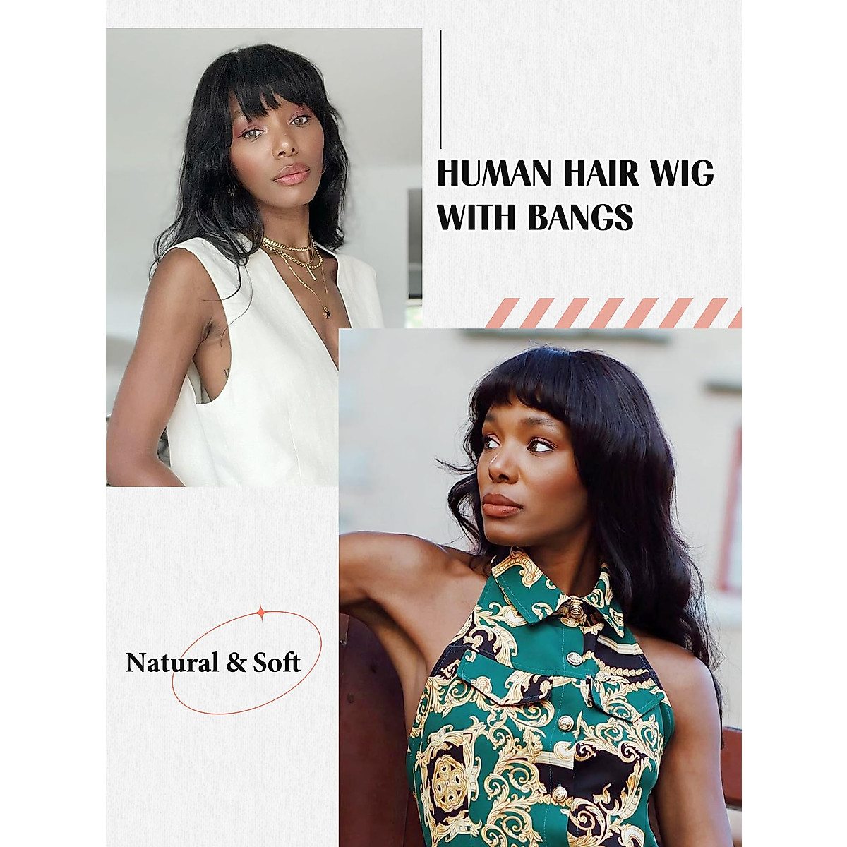 WIGNEE Natural Wave Wigs with Bangs 100% Brazilian Human Hair Fashion Wave Wigs Natural Black (14 Inch)