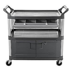 Rubbermaid Commercial Xtra Instrument and Rolling Utility Cart, Gray, with Drawer and Cabinet, for Service Restaurant Hospitality 300 lbs