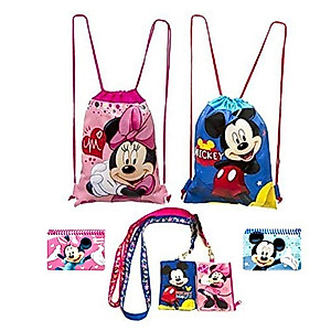 Disney Mickey and Minnie Mouse Drawstring Backpacks Plus Lanyards with Detachable Coin Purse and Autograph Books (Set of 6) (Pink Blue)
