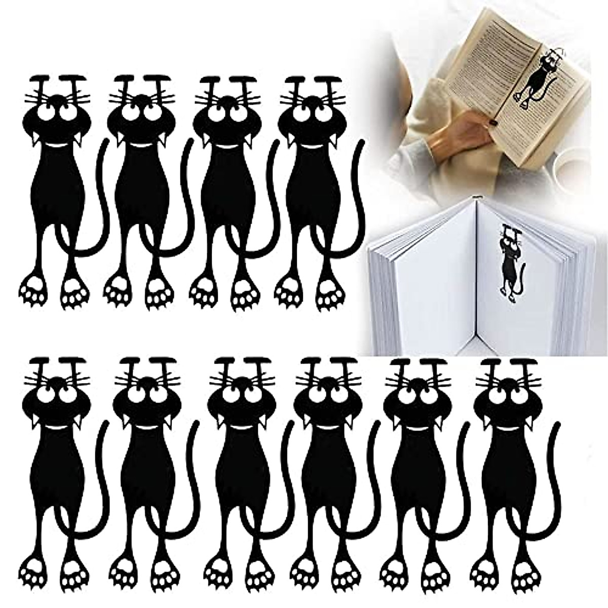 Curious Black Cat Page Markers Bookmarks, Reusable Creative Funny Hollow Cat Pattern Hanging Bookmarks for Literature Lovers Readers Students Gifts (10PC)