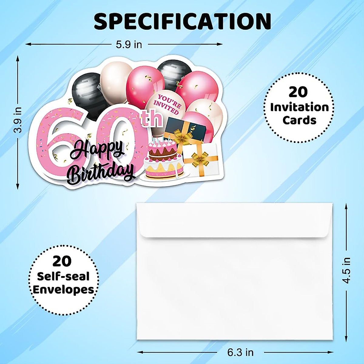 ERHACHAIJIA 20 PCS Pink & Black Golden Balloons & Cake Shaped Fill-In Invitations Cards With Envelopes, Funny 60th Happy Birthday Party 60 Year Old Birthday Invites For Women Lady Wife Mom Adults