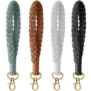 Tuanse Macrame Wristlet Keychain Boho Keychain Women Handmade Braided Keychain Lanyard (Light Green, Brown, White, Black, 4 Pcs)