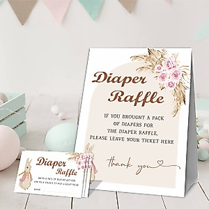 JCVUK Baby Shower Games, 1 Diaper Raffle Standing Sign with 50 Diaper Raffle Tickets,Bunny Theme Babyshower Party Decorations and Supplies For Boys or Girls(LBLK-B04)