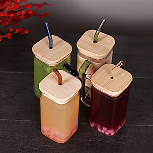 SAIOOL Glass Cups Set 4 Pack - 17oz Wide Mouth Mason Jar Drinking Glasses with Bamboo Lids & Straws and Square Color Handle Cup ,Beer, Iced Coffee, Ideal for Cocktail, Whiskey, Gift