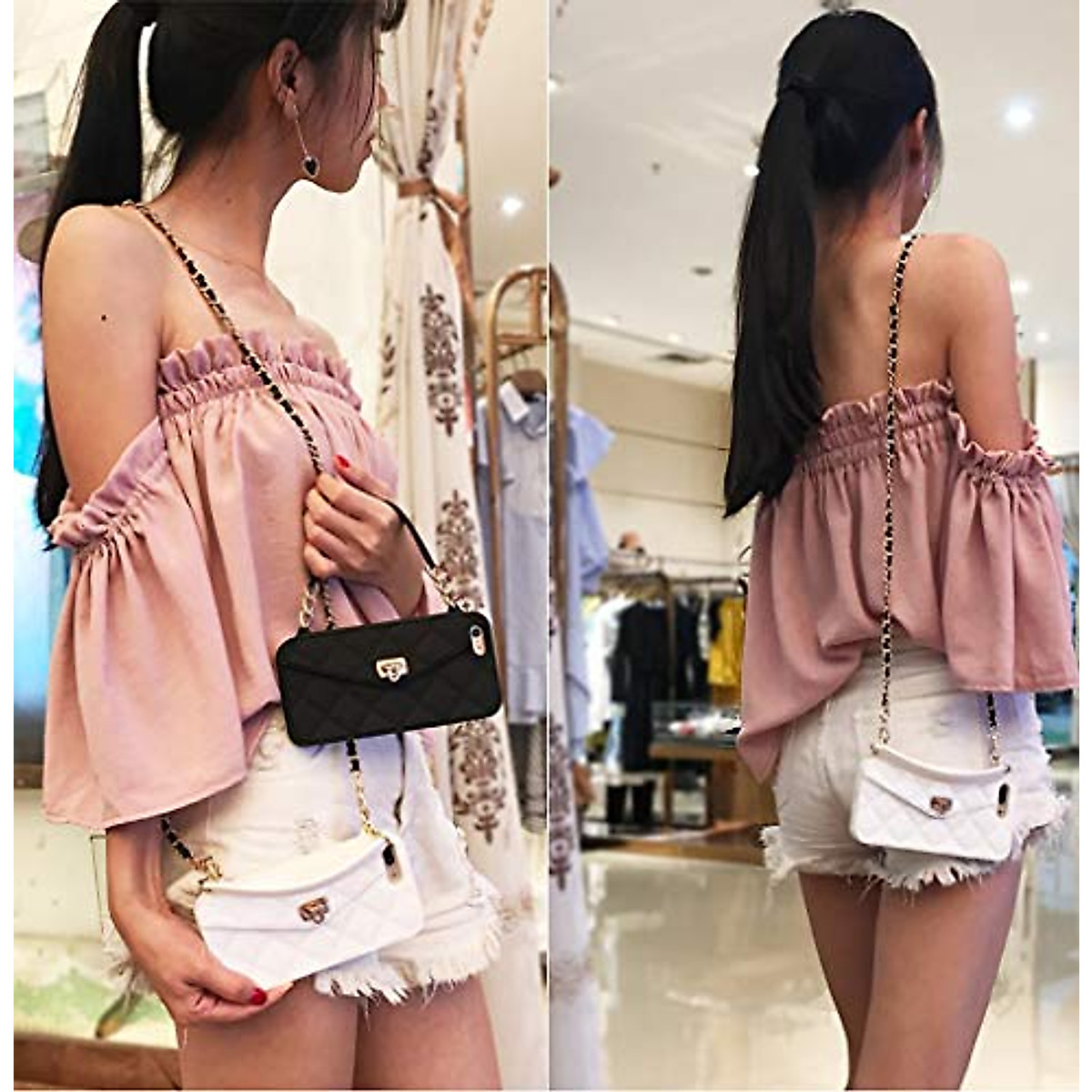 UnnFiko Wallet Case Compatible with iPhone 6 / iPhone 6s, Pretty Luxury Bag Design, Purse Flip Card Pouch Cover Soft Silicone Case with Hand Holder Long Shoulder Strap (Black, iPhone 6 / 6s)