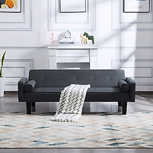 BSHTI Convertible Loveseat Sofa Bed w/Adjusting Backrest,Futon Sleeper Couch with 2 Long Pillows, Removable Square Armrest, for Apartment, Office, Compact Living Room,Dark Gray