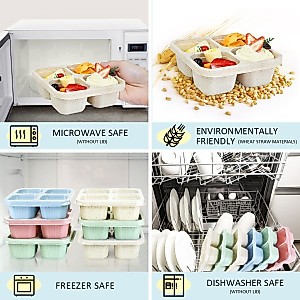 Korlon 6 Pack Snack Containers, 4 Compartments Snack Boxes for Kids, Wheat Straw Meal Prep Reusable Food Storage Lunch Containers for Adults & Kids