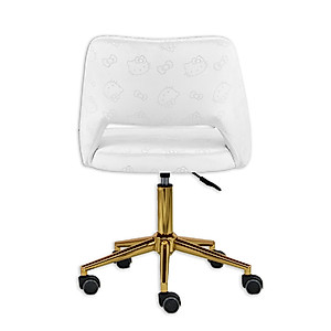 Impressions Vanity Hello Kitty Velvet Vanity Chair with Back, 360 Degrees Swivel Cute Desk Chair with Wheels, Golden Rolling Base Adjustable Height Makeup Chair for Bedroom (White)