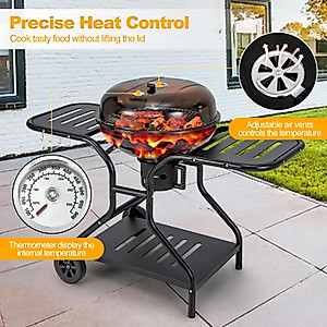 Giantex Kettle Charcoal Grill 22-Inch, Porcelain Enamel Body and Lid, 2 Side Tables with 4 Hooks, Storage Shelf, Upgraded Ash Catcher, Thermometer, Air Vents, Outdoor Cooking Barbecue Grill