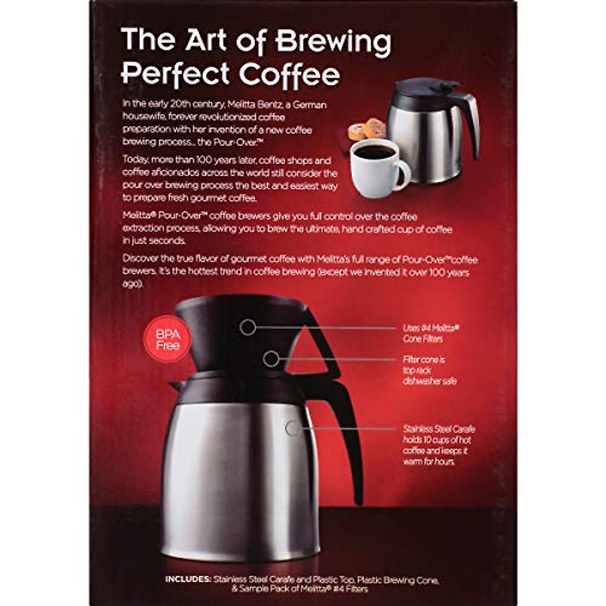 Melitta Pour-Over Coffee Brewer & Stainless Steel Carafe Set with Coffee Filters, 60 Ounce Set