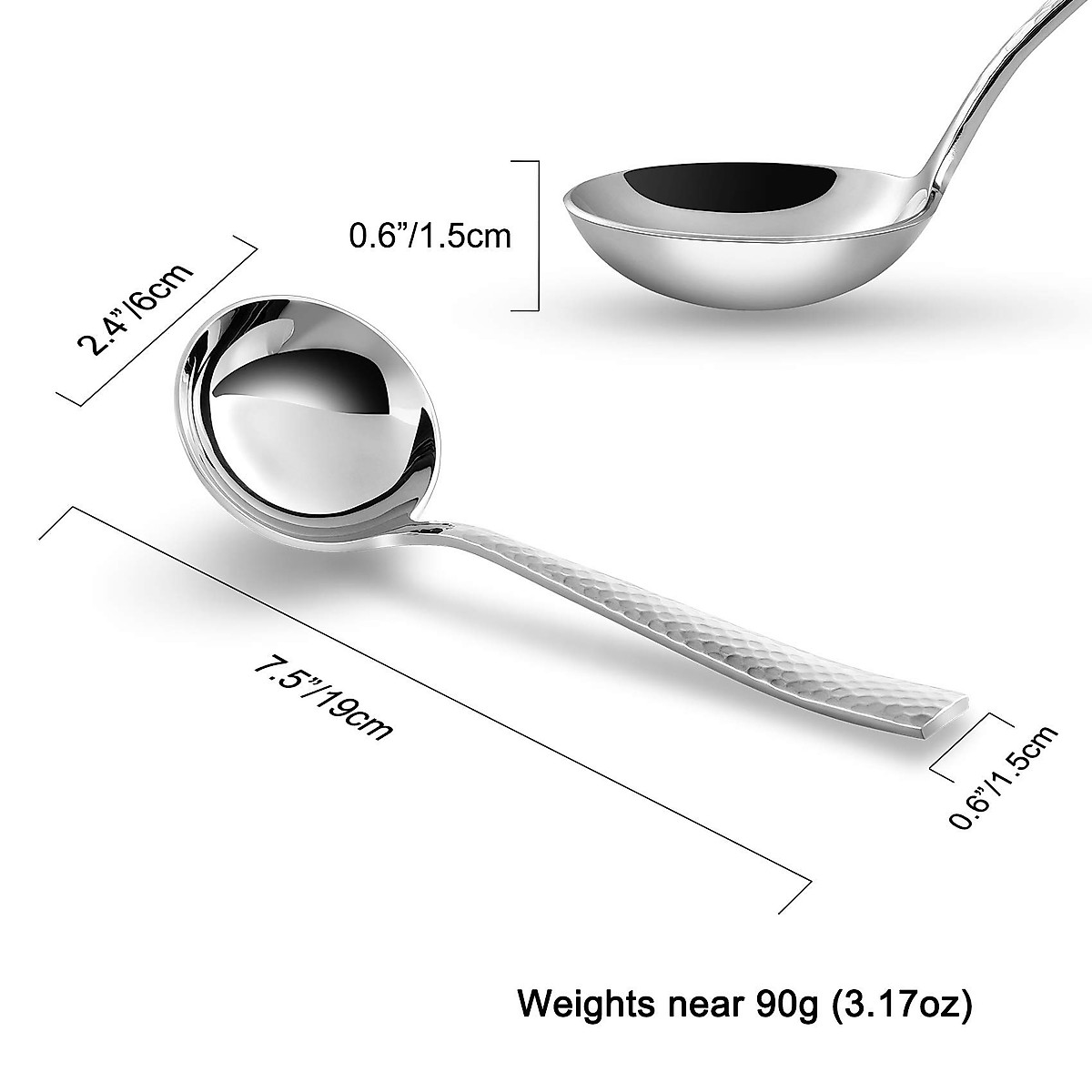 KEAWELL Unique 7.5 inch Small Hammered Sauce ladle, 1 oz. 18/10 Stainless Steel Gravy Soup Ladle. Solid and Sturdy, Dishwasher Safe (2)