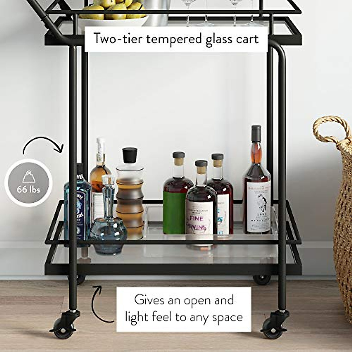 Nathan James Sally Rolling Bar or Cart for Tea or Cocktail, 2-Tiered Glass and Metal, Black