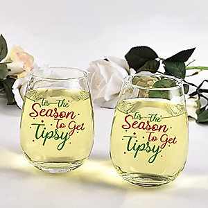 This the Season to Get Tipsy Christmas Stemless Wine Glass, Set of 4 Christmas Wine Glasses, Gift ideas for Christmas Holiday Wedding, Funny Wine Glasses for Women Friends Men family Wino, 15 Oz