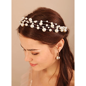 Kercisbeauty Pearl Layer Headband for Women Wedding Bridal Hair Tiara Handmade Headpiece for Wedding Prom Special Occasion Photo Shoot (Silver)
